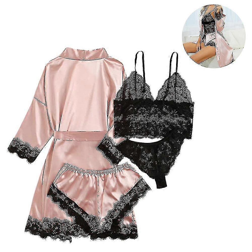 4 stykker Kvinders Satin Floral Lace Cami Top Lingerie Pyjamas Sæt Med ...