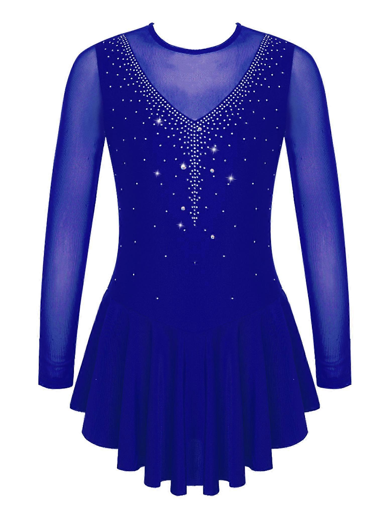 Kids Girls Long Sleeve Shiny Rhinestone Mesh Splice Figure Skating ...