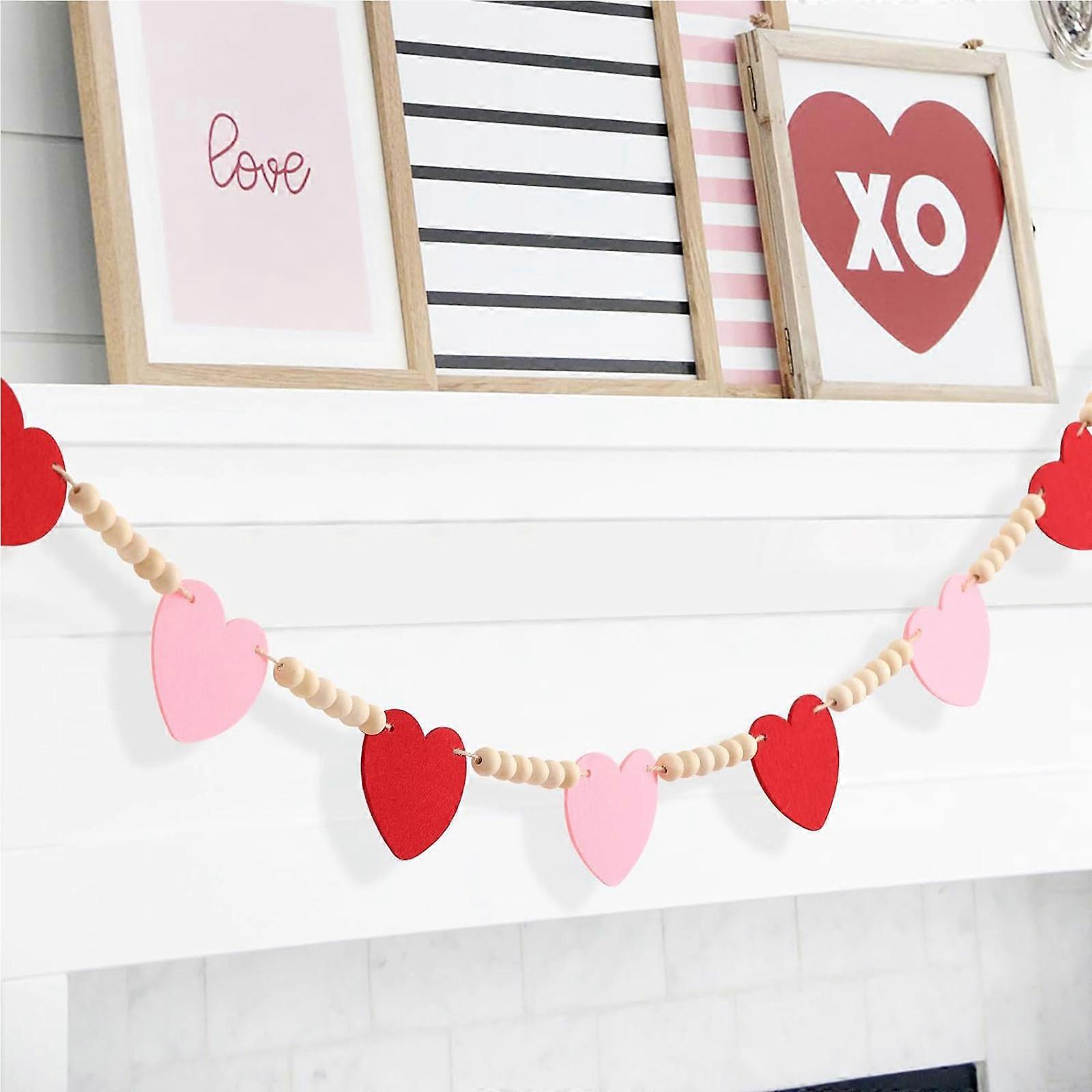 Red Pink Felt Heart Wood Beads Garland for Valentines Decorations ...