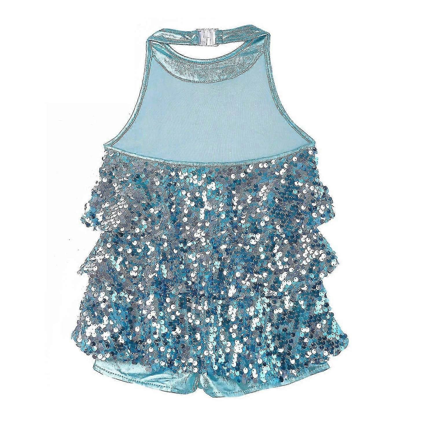 Kids Girls Halter Ballet Dance Shorty Unitard Dress Shiny Sequins ...