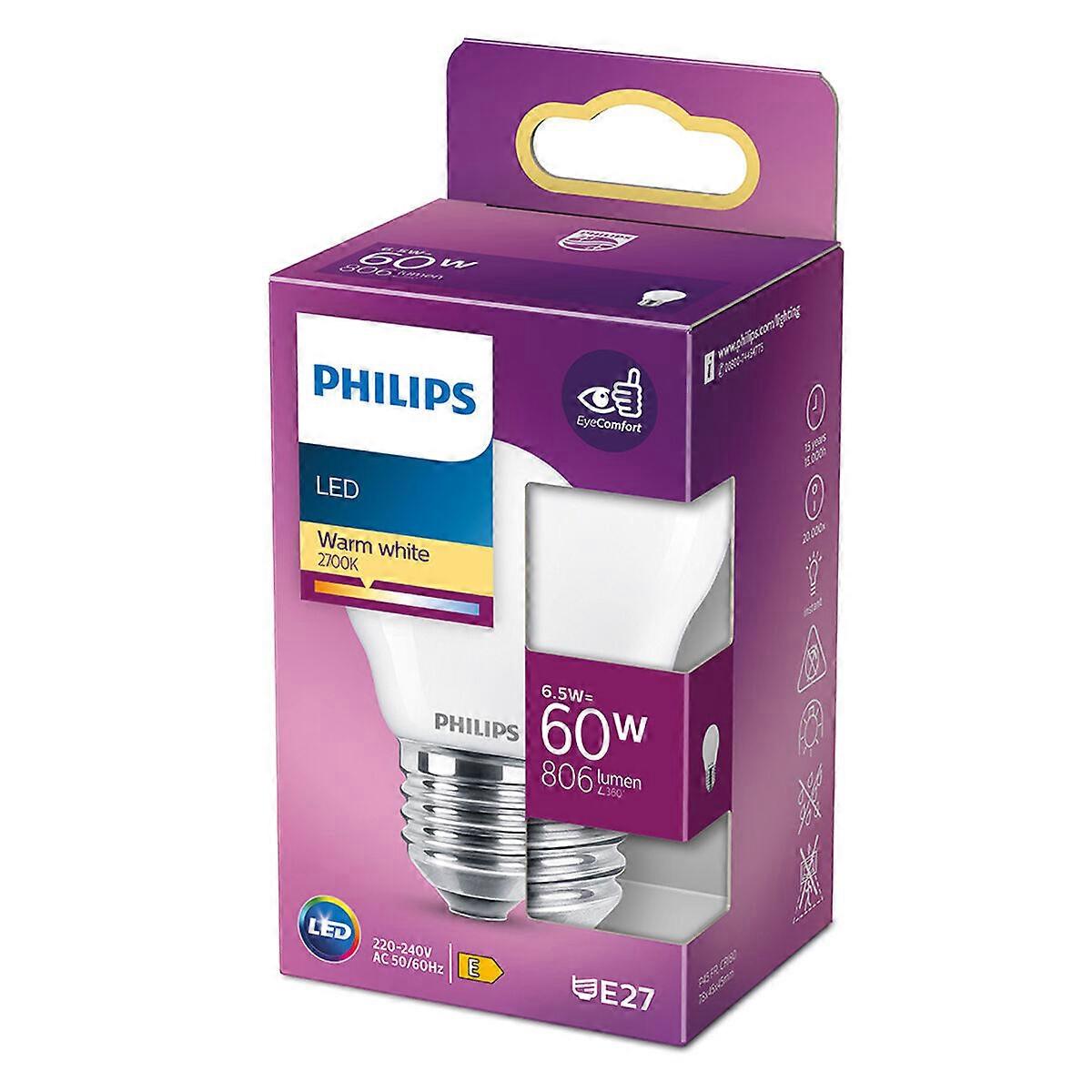 LED lamp Philips E 6,5 W 60 W E27 806 lm 4,5 x 7,8 cm (2700 K) | Fruugo UK