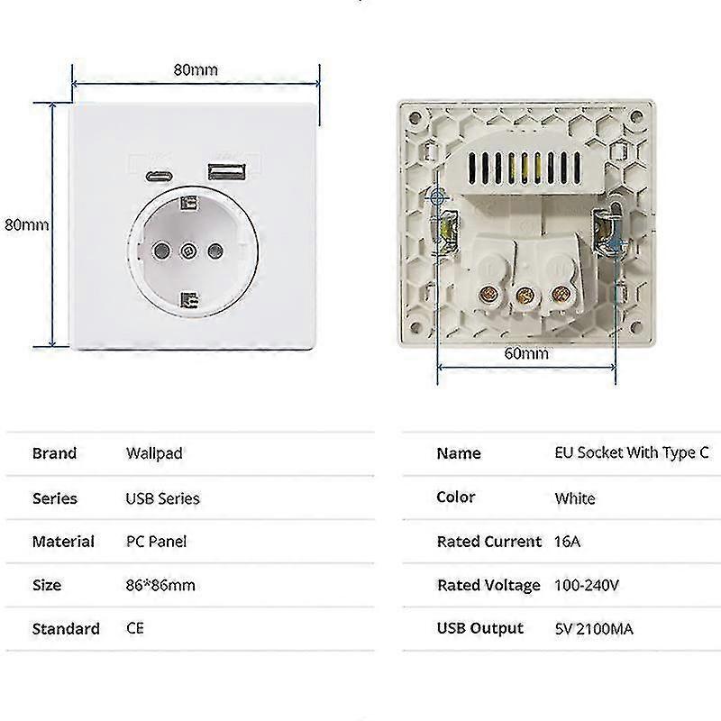 Eu Standard 16a Wall Charger Adapter Socket Usb Type A Type C Charging ...