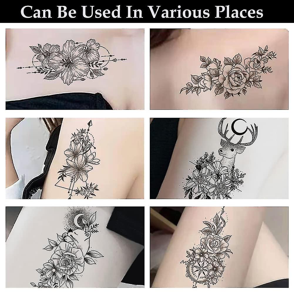 30pcs Temporary Tattoos,waterproof Temporary Tattoos,women Temporary Tattoos,black Sketch Flower ...