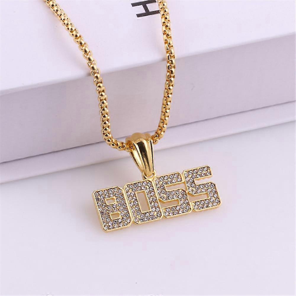 Punk Crystal Letter Boss Pendant Gold Color Long Cuban Chain Necklace ...