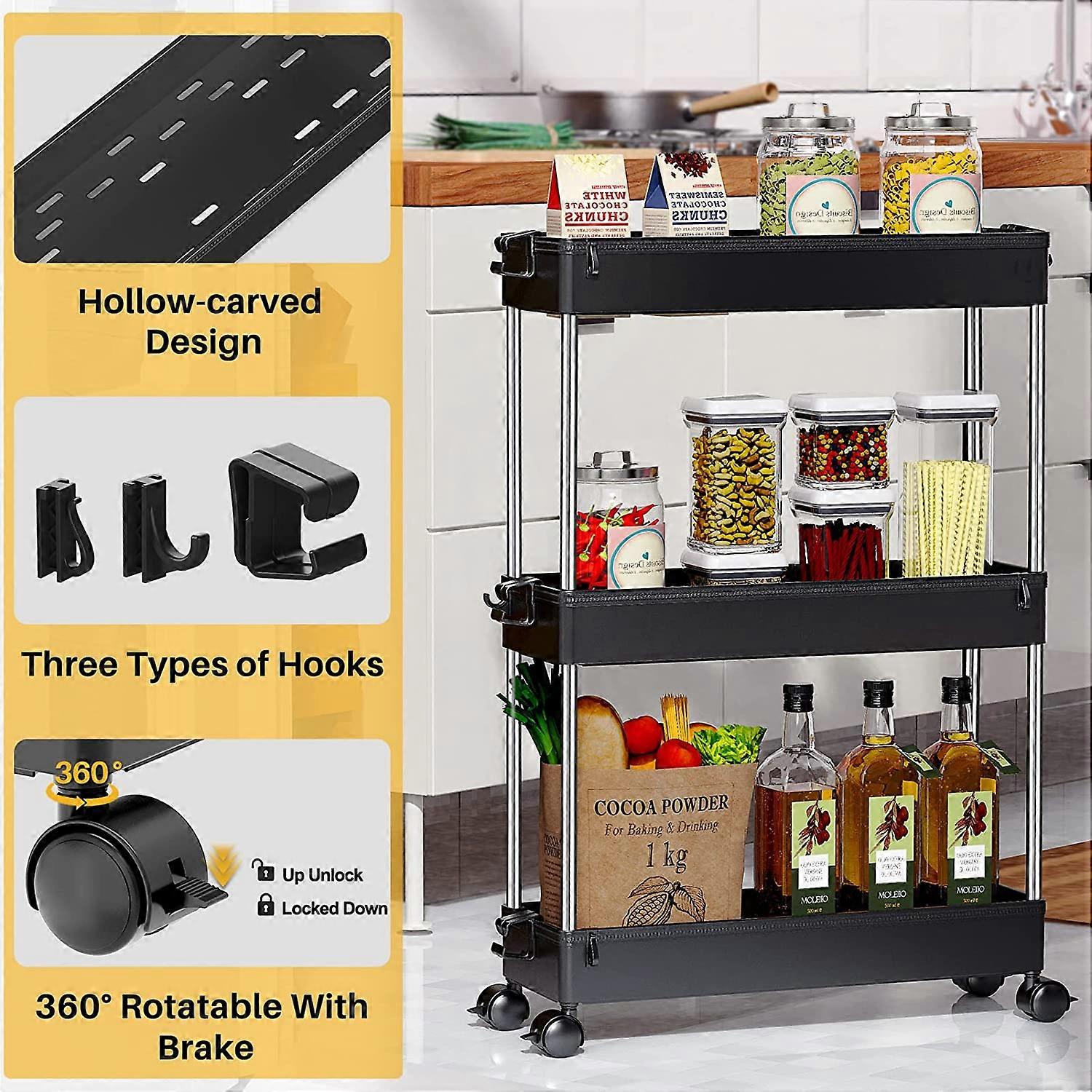 3-Tier Movable Slim Storage Cart, Storage Trolley, Shelf on Wheels, for ...