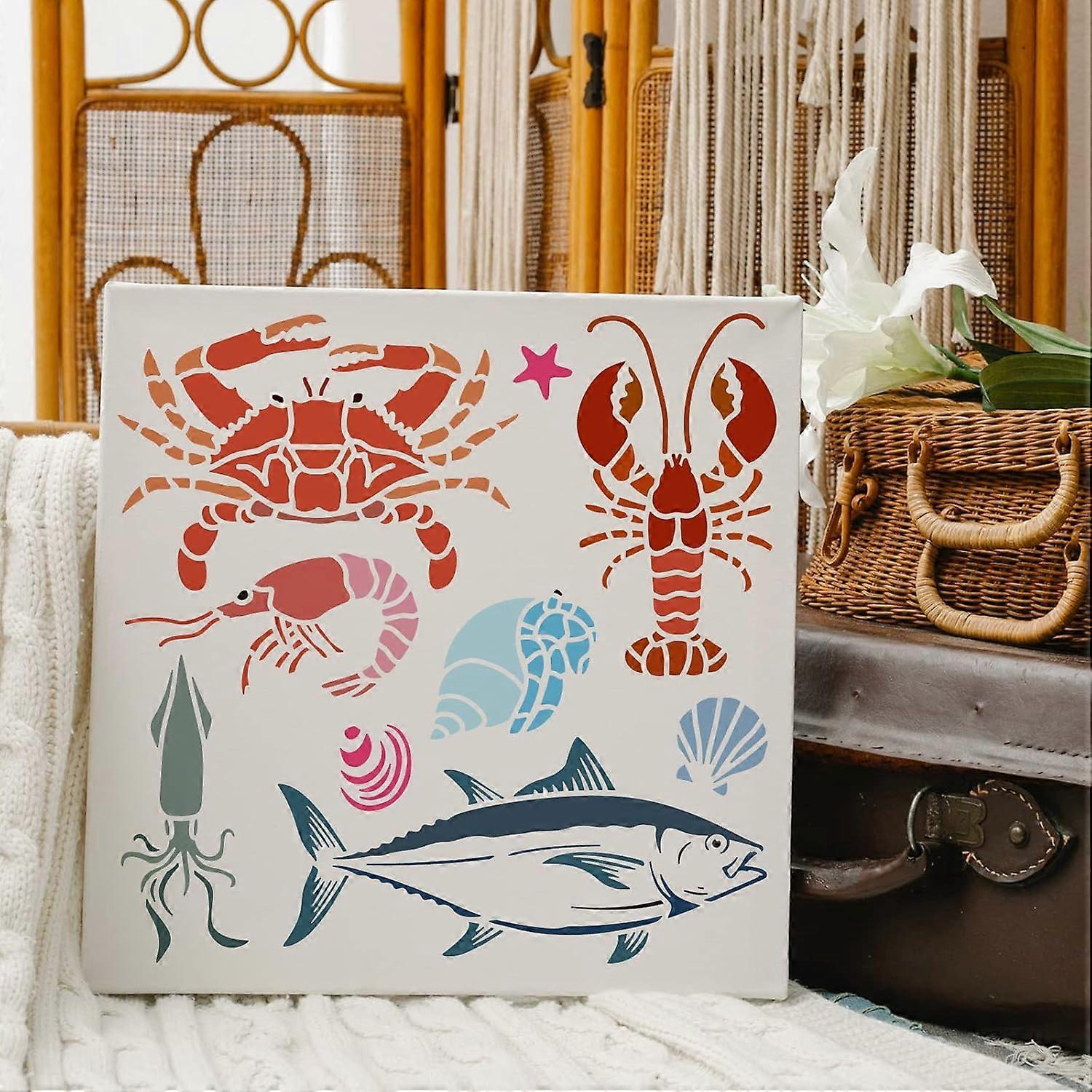 Sea Animal Stencil 11.8x11.8 inch Fish Shrimp Crab Octopus Conch Shells ...