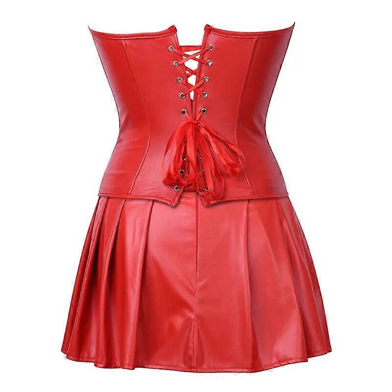 2 Piece Corset Dress Push Up Women Red Black Faux Leather Bustier ...