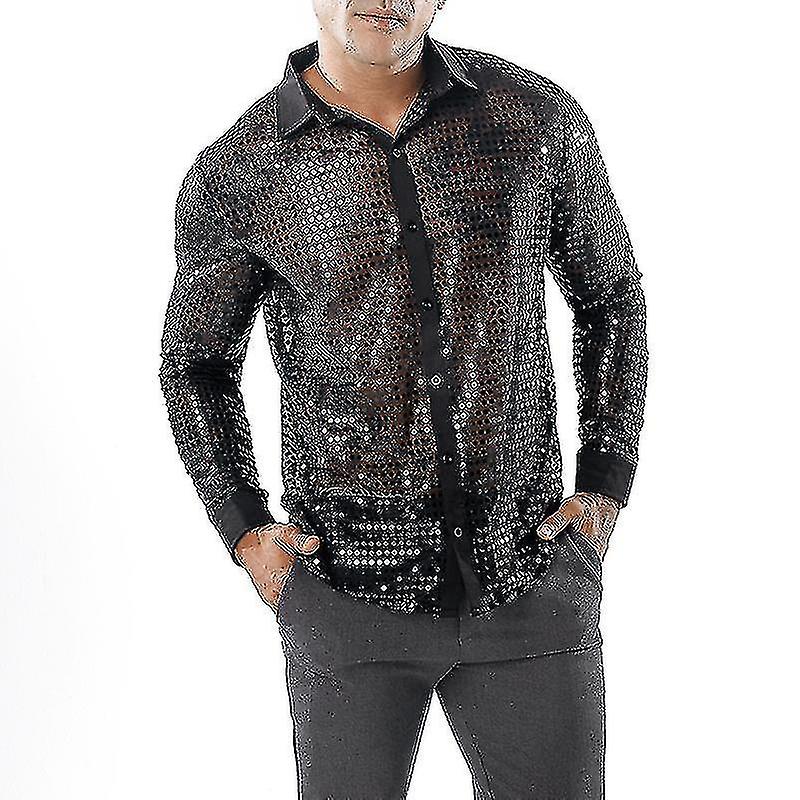 Men's Shiny Sequined Mesh Top, 60s 70s Disco Dance Shirt | Fruugo UK