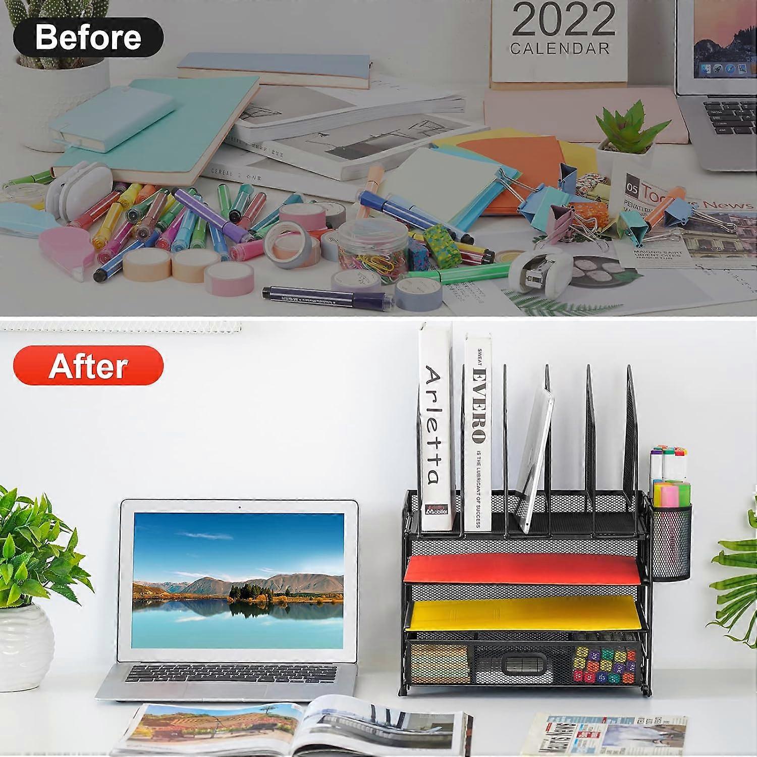 Desk Organizer with Drawer, 4-Tier Mesh Desk File Organizer with 5 ...