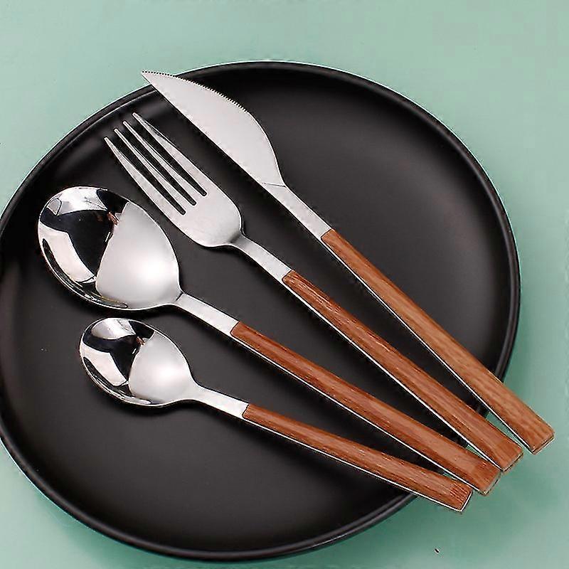 Fork Spoon Knife with wooden handles Stainless Steel Cutlery Set Dinnerware IceTea Spoon ...