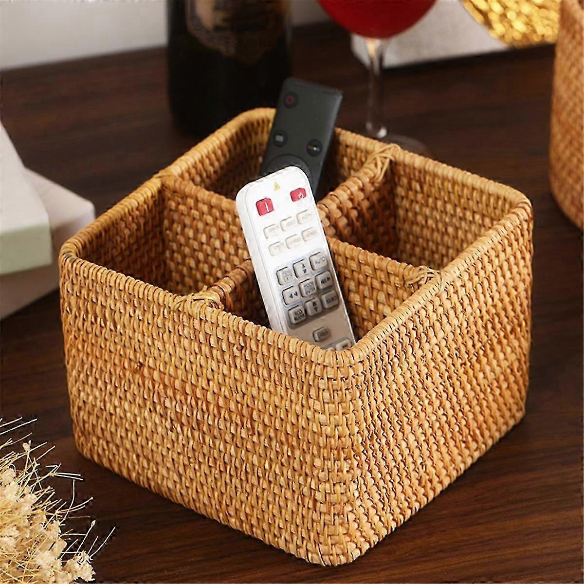 Hand-woven storage box, handle remote control basket, Round hwy | Fruugo UK