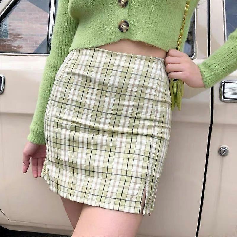 XIANRENGE Summer Harajuku Uniform Women Skirt Split Details Plaid Mini ...