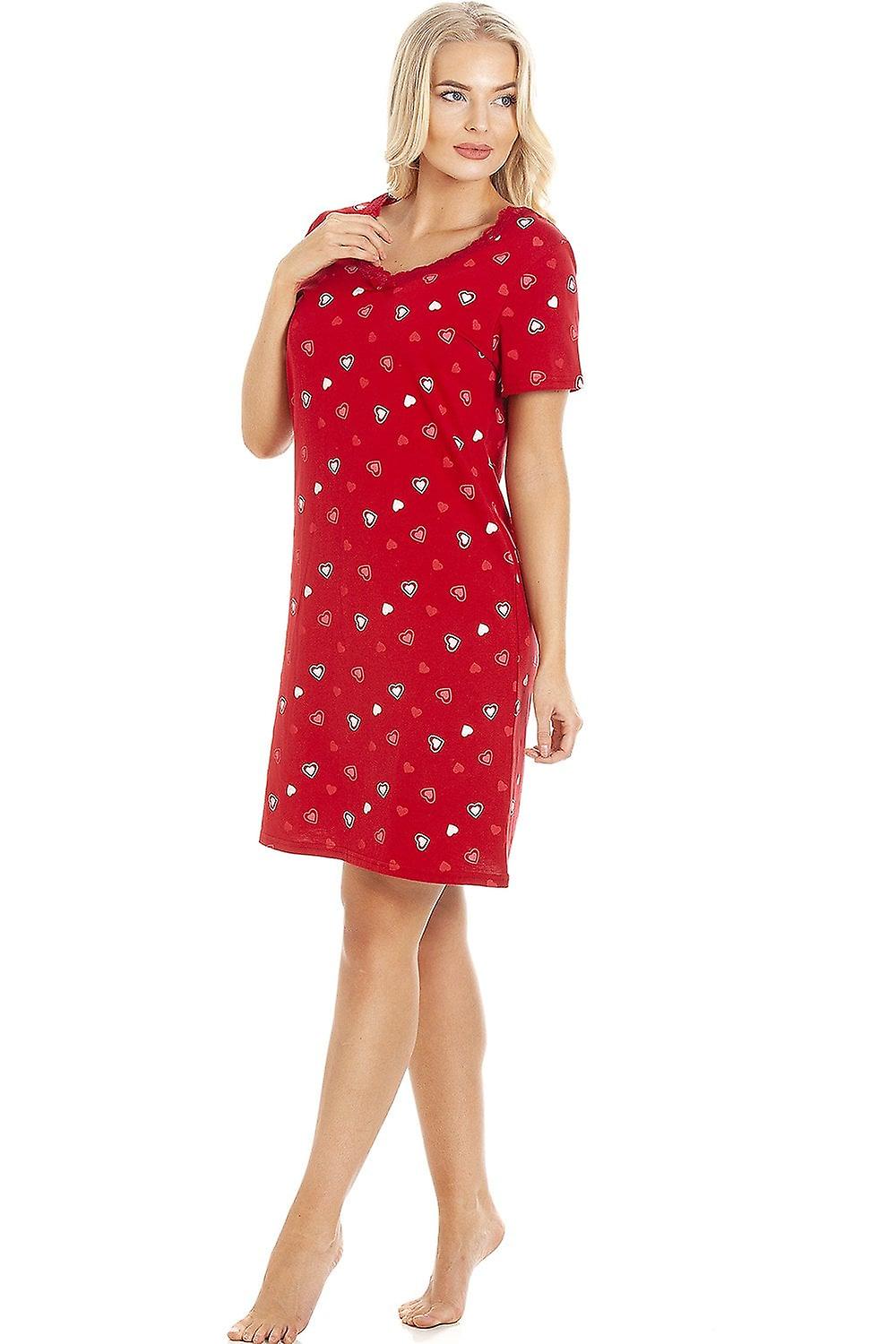 Women's Camille Red Heart Print Cotton Nightdress | Fruugo US