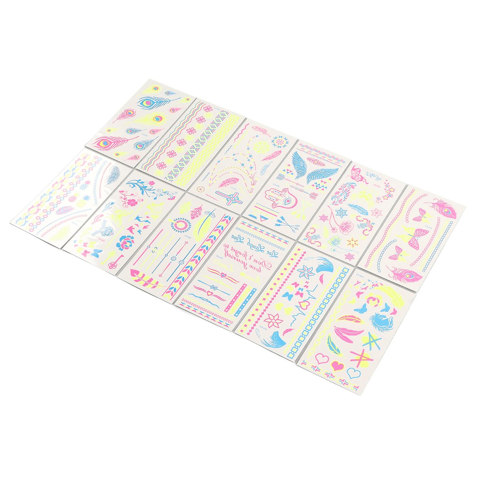 Fluorescent Temporary Tattoos 12 Sheets Full Body Stickers for Party ...