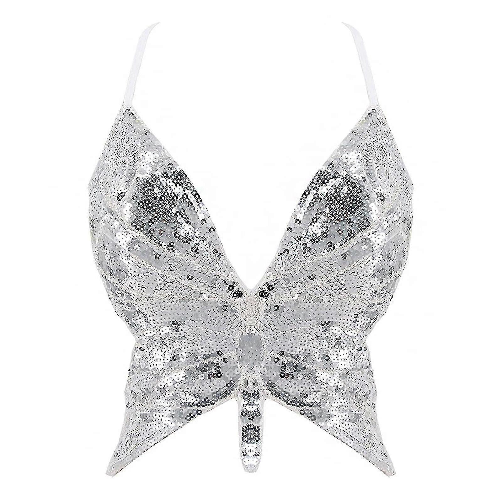 Y2k Butterfly Sequin Crop Top Women Summer Backless V Neck Sexy Club ...