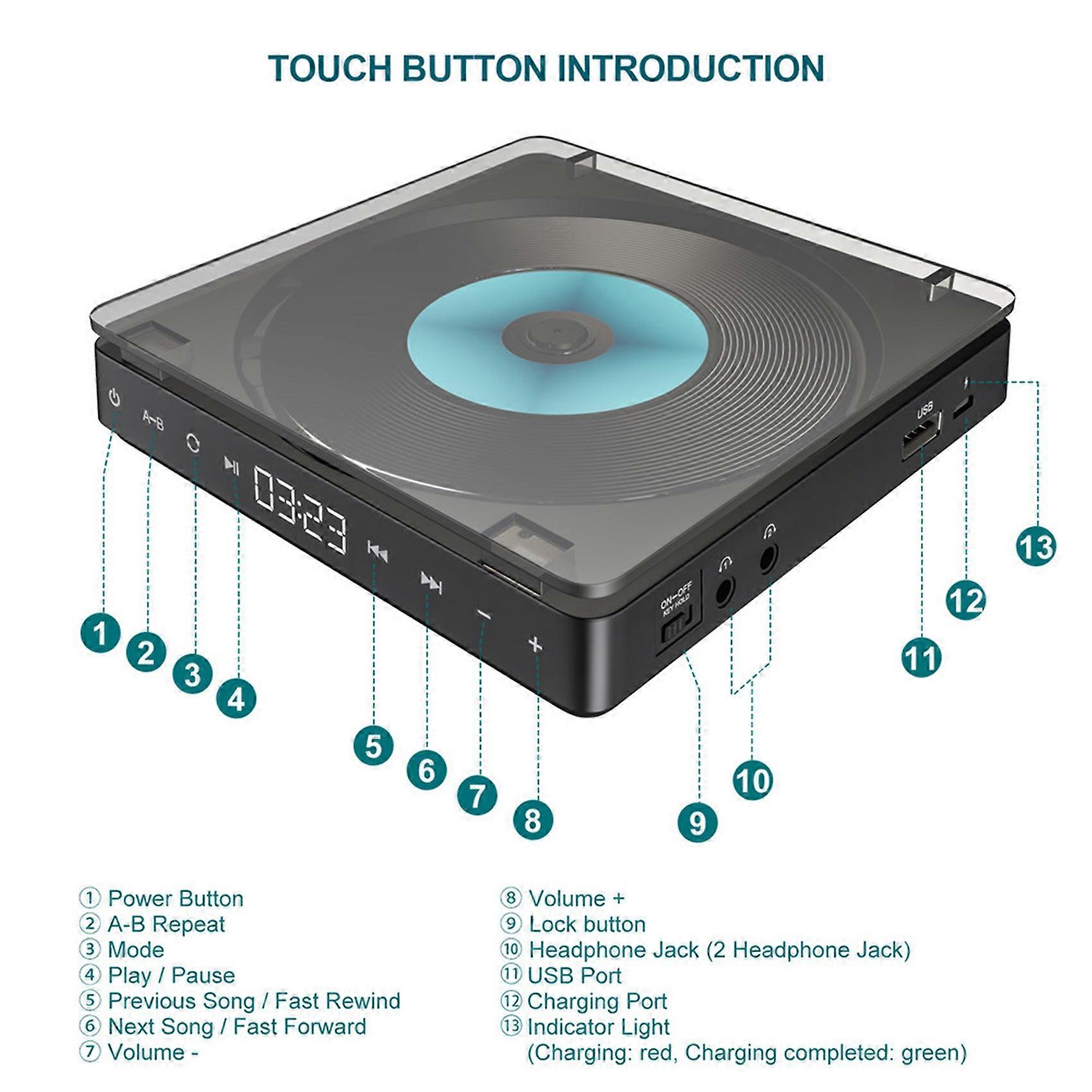 Compact Sports Portable CD Player Touch Button Rechargable Disc Player ...