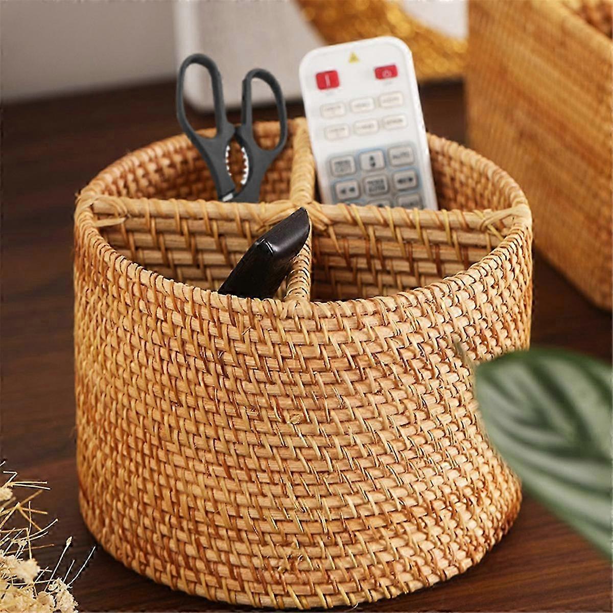 Hand-woven storage box, handle remote control basket, Round hwy | Fruugo UK