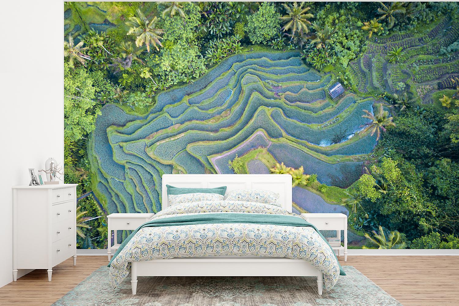 Fotobehang - 320x240 cm - Afbeelding van een rijstveld in Bali gemaakt ...