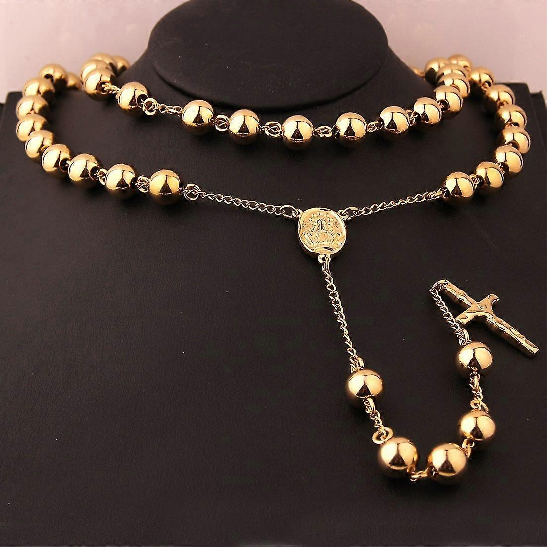 Mens Necklace Chain Italy Gold Tone Bead Chain Crown Rosary Jesus Cross ...