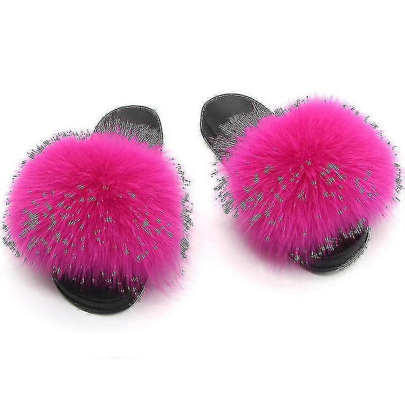 Fox Fur Slides For Women - Comfort Open Toe Fur Slippers Indoor Outdoor ...