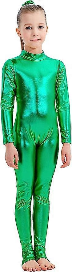 Girls Shiny Metallic Long Sleeve Unitard Spandex One Piece Wet Look Kid ...