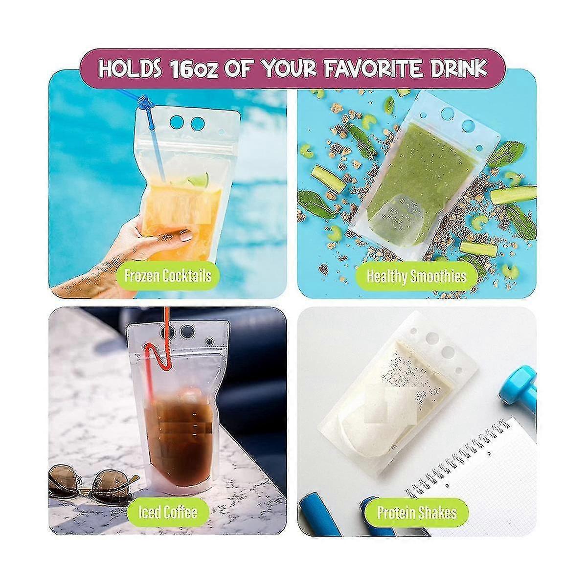 100pcs 16oz Drink Pouches For Adults - Drink Pouches With Straws X100 ...