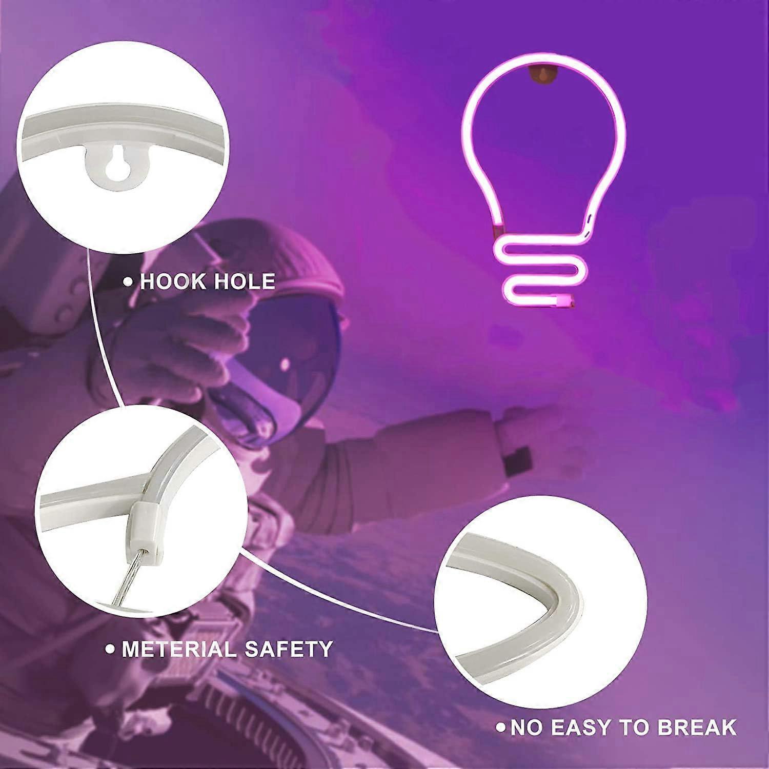 Pink Light Bulb Neon Signs LED Night Light Hanging Neon Lights USB ...