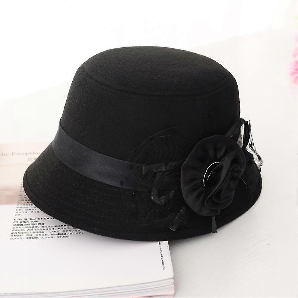 Vintage Women Solid Color Woolen Flower Decor Wide Brim Warm Cloche ...
