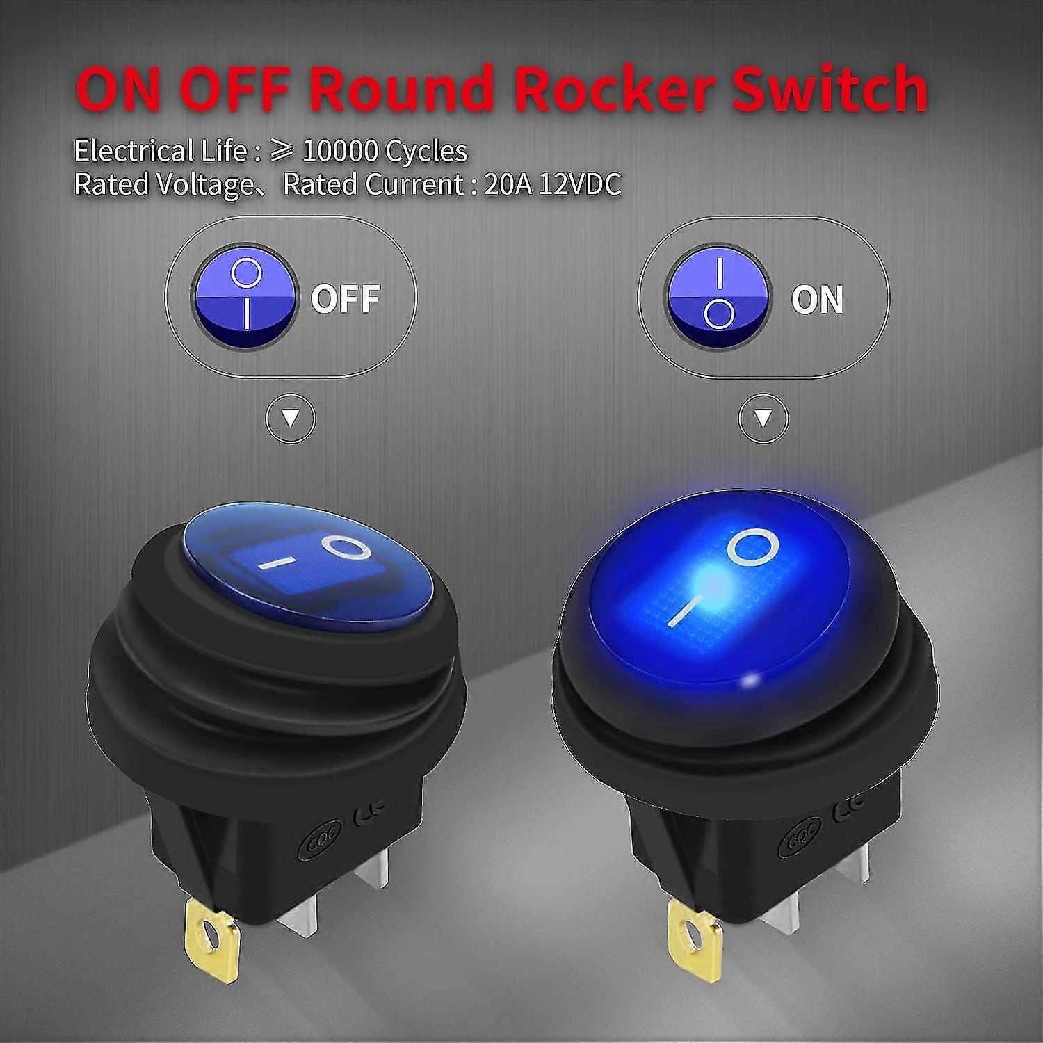 12V 20A Waterproof Rocker Switch Blue LED Lighted Round ON Off 3 Pin 12 ...