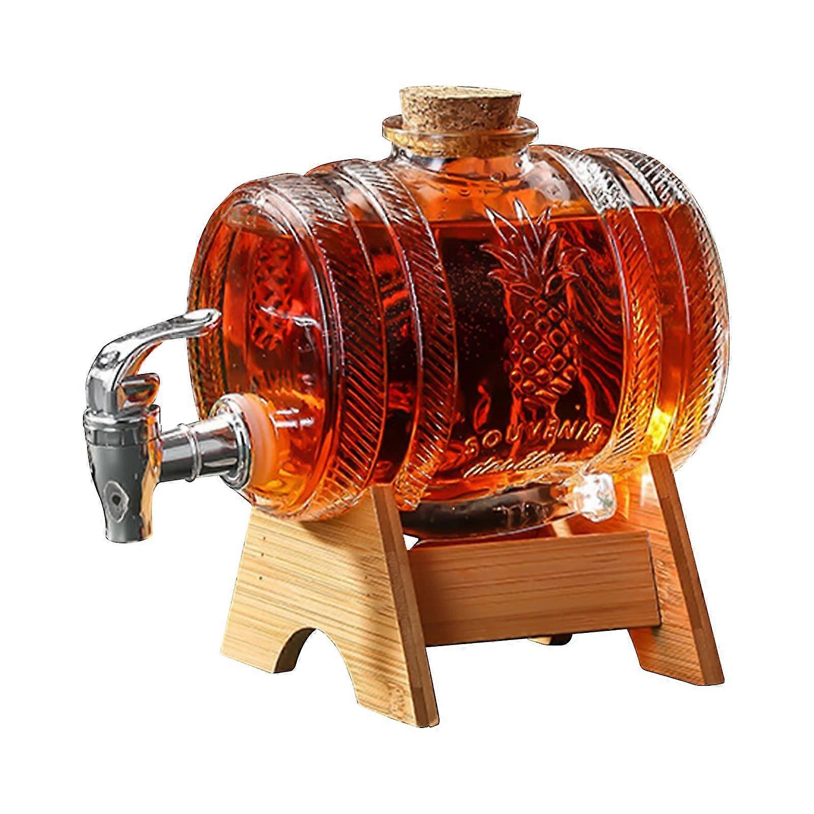 Whiskey Decanter Set, Barrel Glass Dispenser With Tap And Wooden Stand ...