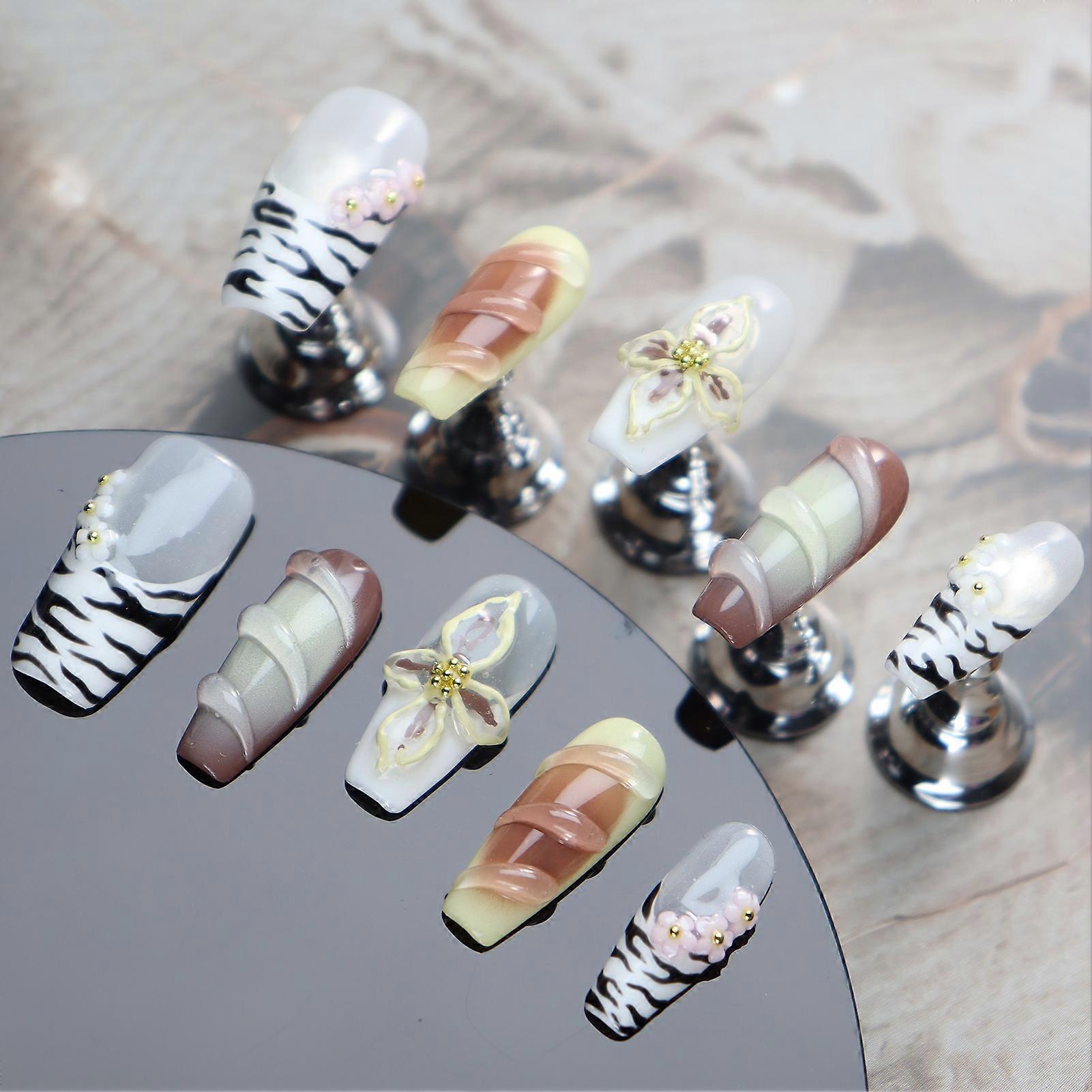 Glossy White Brown Fake Nails with Flower Decor Sweet & Charming ...