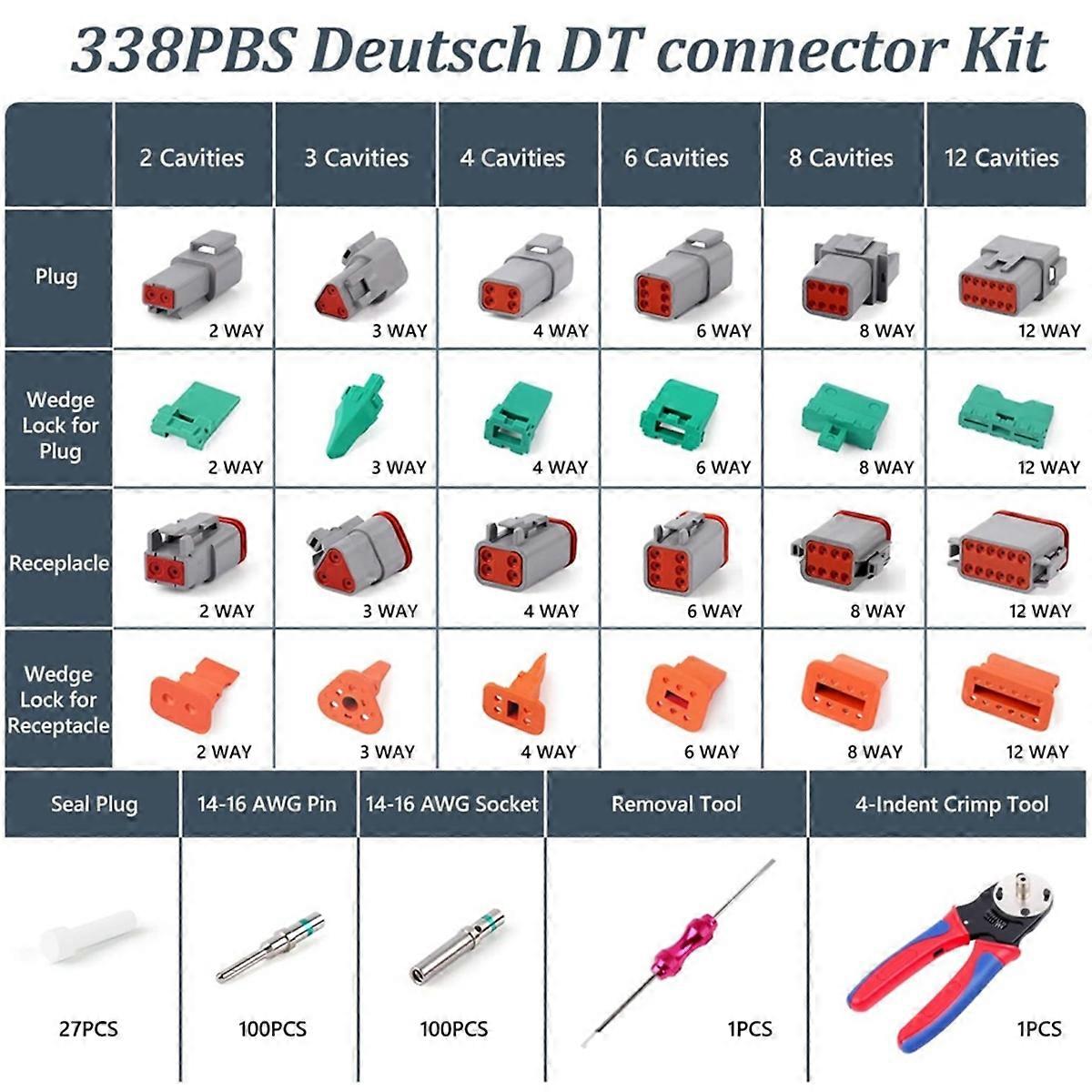 338Pcs Dt Deutsch Connector Kit - 2 3 4 6 8 12 Pin Connectors, Crimping ...