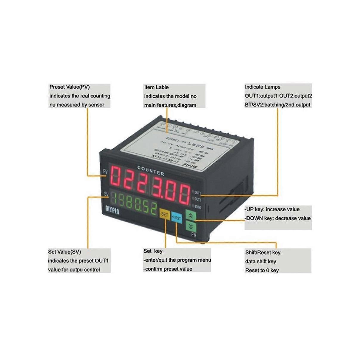 FH8-6CRRB Dual Display Digital Counter 6 Digits Light-Emitting Diode AC/DC Length Meter Black ...