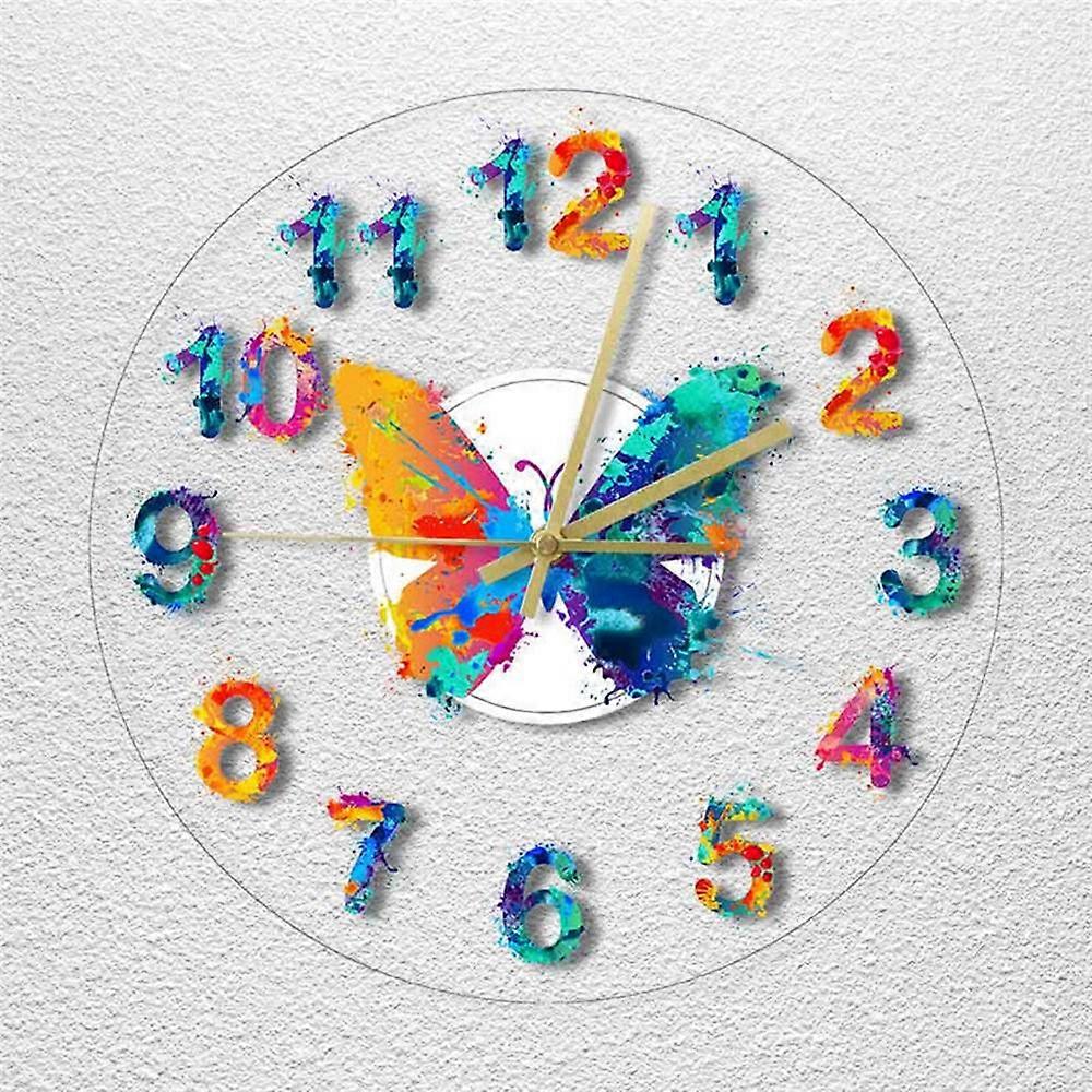 Colorful Numbers Modern Wall Clock Watercolor Butterfly Painting Art ...