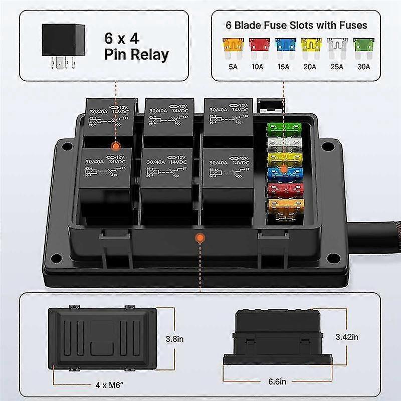 Relay Box 12v With 6 Pcs 4 Pin Relays And 6 Pcs Atc/ato Blade Fuse Pre ...