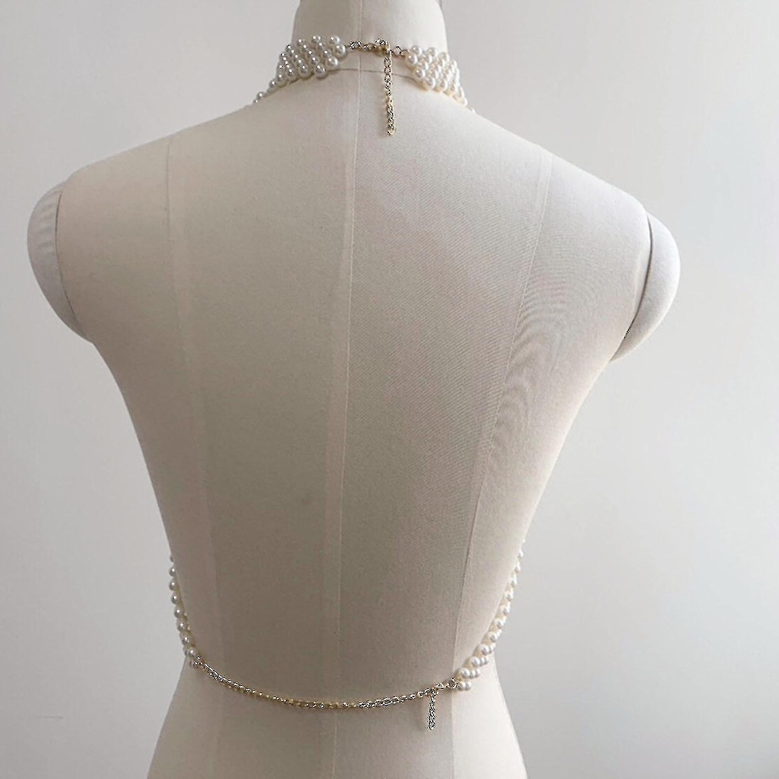 Womens Mutlilayered Pearl Body Chain Choker Necklace Harness Adjustable ...