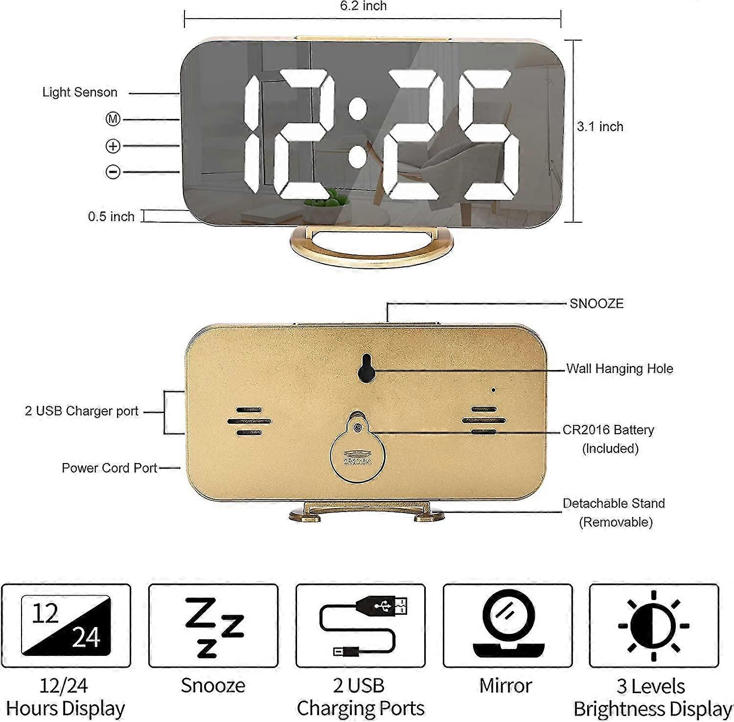 Digital Alarm Clock, 6 Inch Mirror LED Clock, Digital Dual USB Charger ...