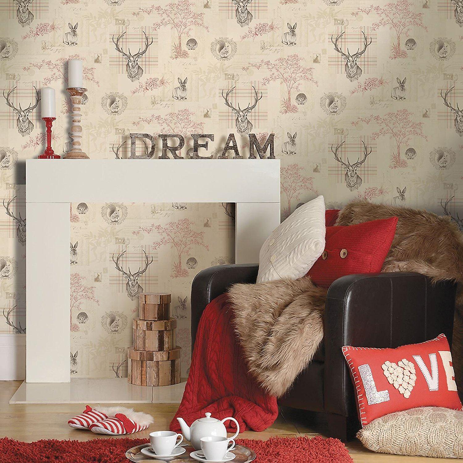 Dierlijke Print behang bos hert konijn bomen bloemen Cranberry linnen ...