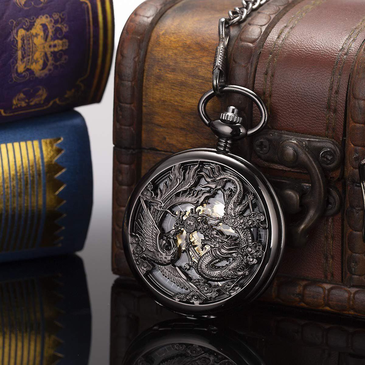 Retro men's pocket watch with chain analogue manual winding dragon ...