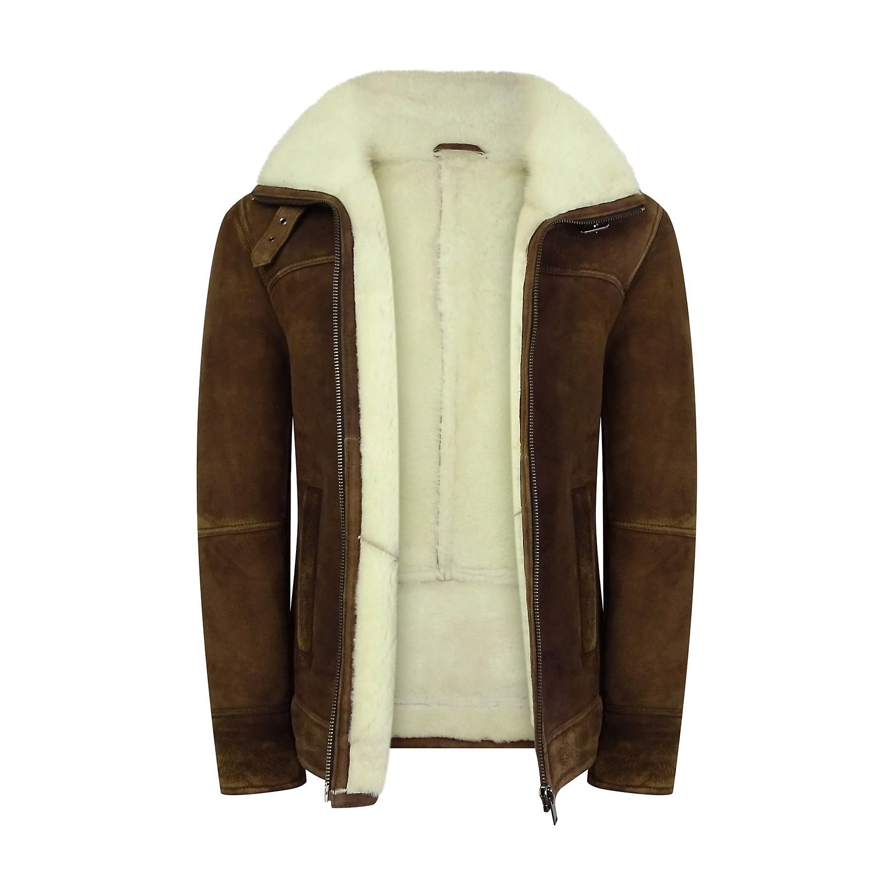 Men's Real Sherling Sheepskin Suede Jacket Vintage Zip Flying Pilot WW2 ...