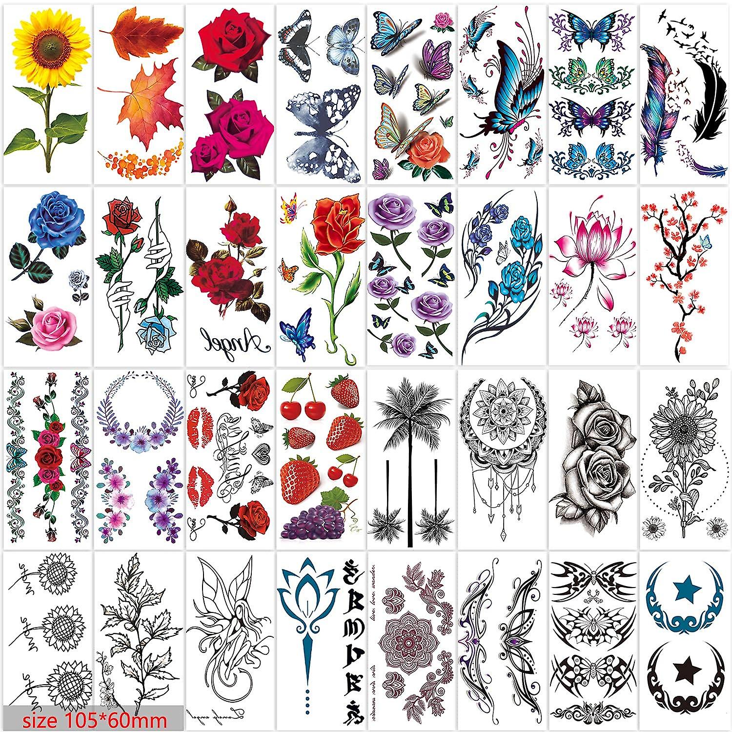 42 Sheets Flowers Temporary Tattoos Stickers, Roses, Butterflies And ...