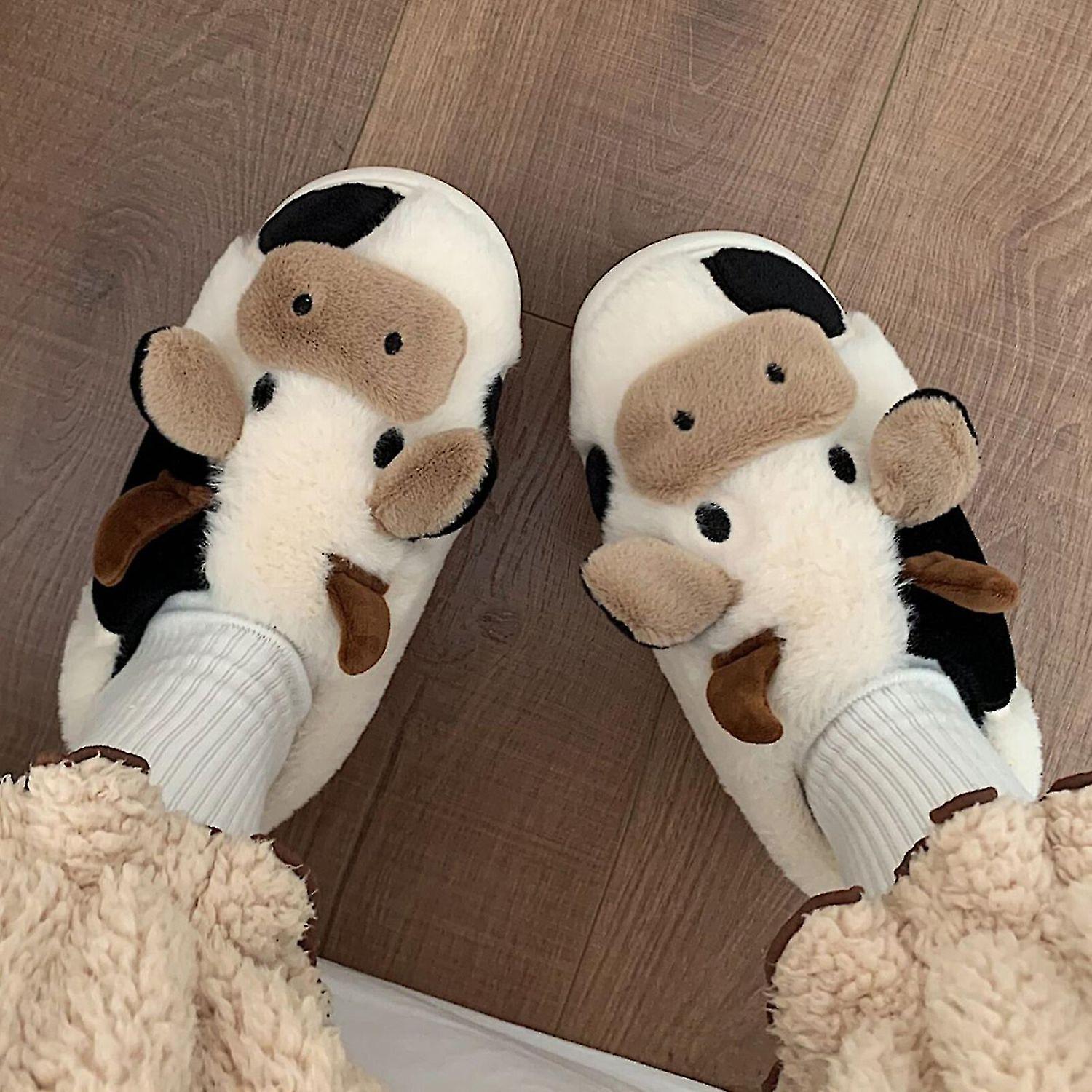 Cow Slippers For Women Men Indoor Cartoon Fuzzy Cow Print Slippers,100% ...