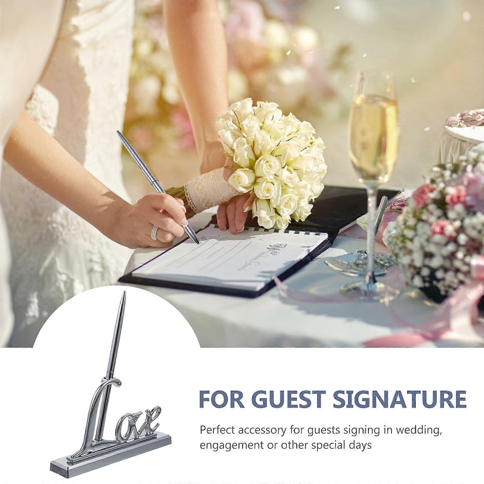 Wedding Signing Pen with Silver Plated Metal Love Holder Party Pen Set ...