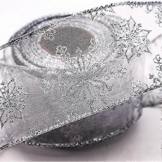 Christmas Ribbon White Silver 6.3CMX 15D Organza Glitter Silver ...