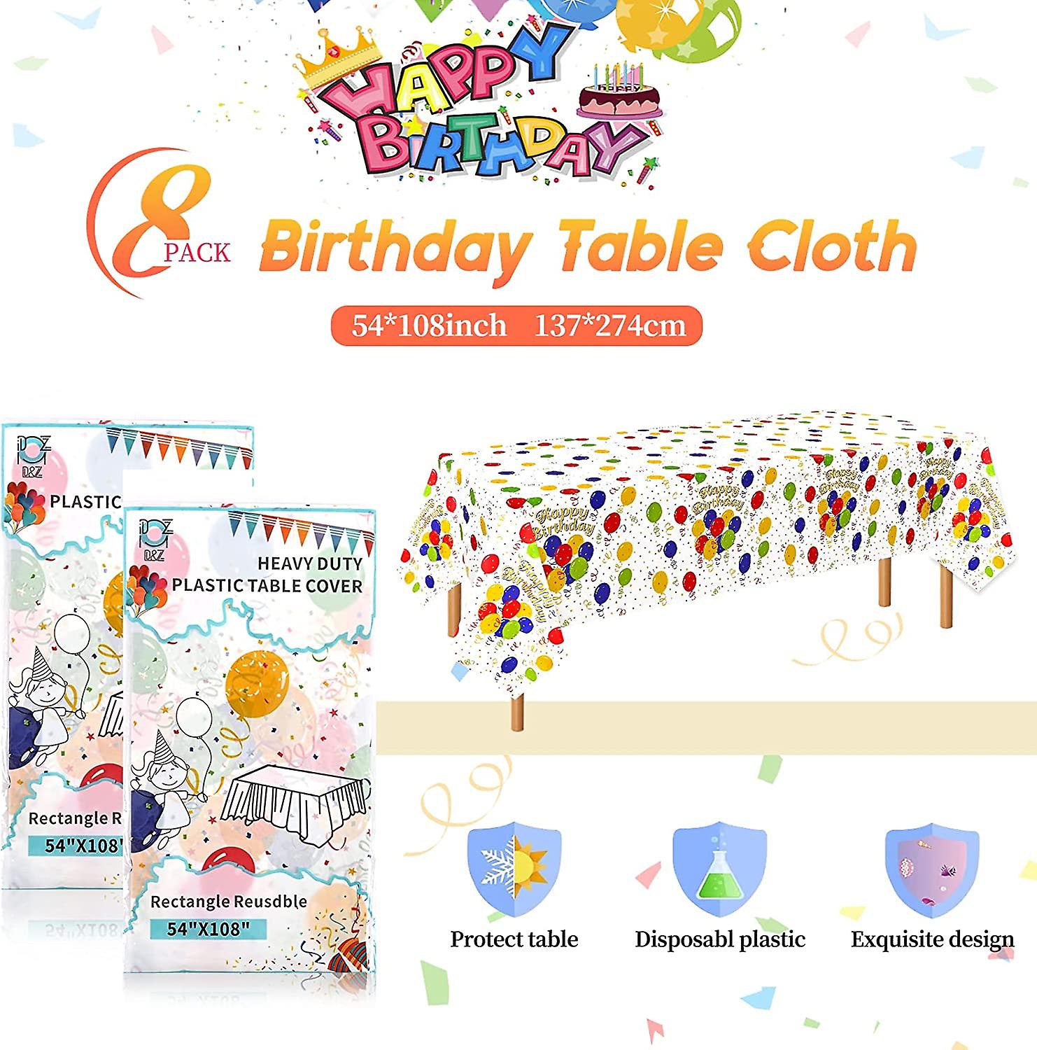Happy Birthday Decorations, 8 Pack Birthday Tablecloth 54" X 108 ...