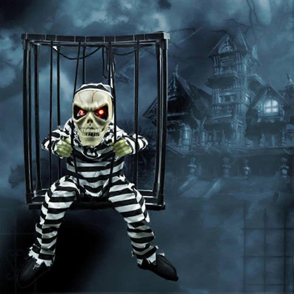 Halloween Scary Screaming Animated Skeleton Cage Prisoner with Light Up ...