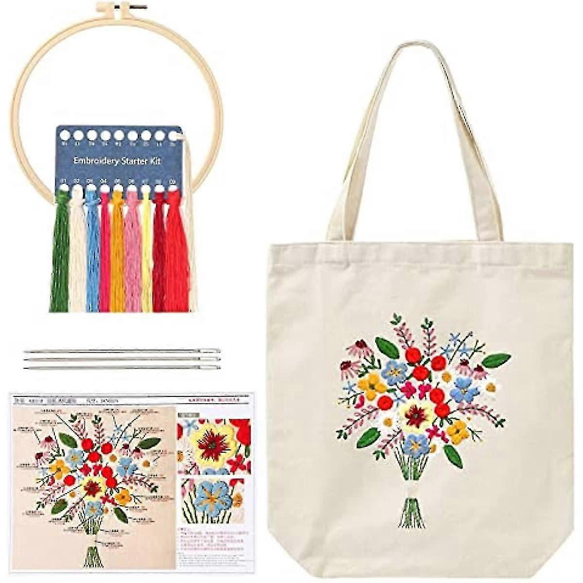 Canvas Tote Bag Embroidery Kits With Floral Pattern Embroidery Starter ...