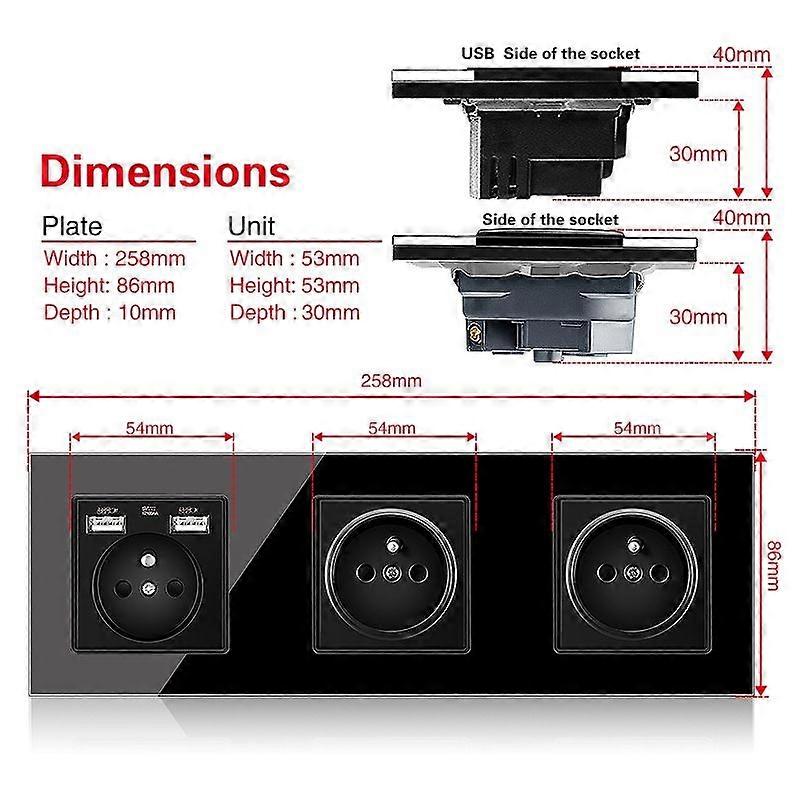 Eu Plug Power 3 Gang Outlets With 2 USB Ports Wall Triple Sockets 16A ...
