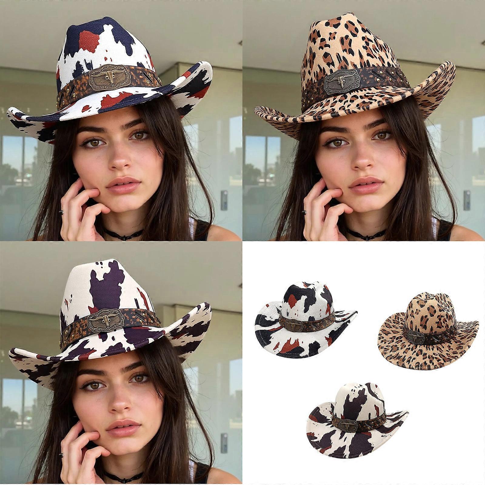 Antique Wide Brims Cowboy Hats with Cow Pattern Bull Head Belt Design ...