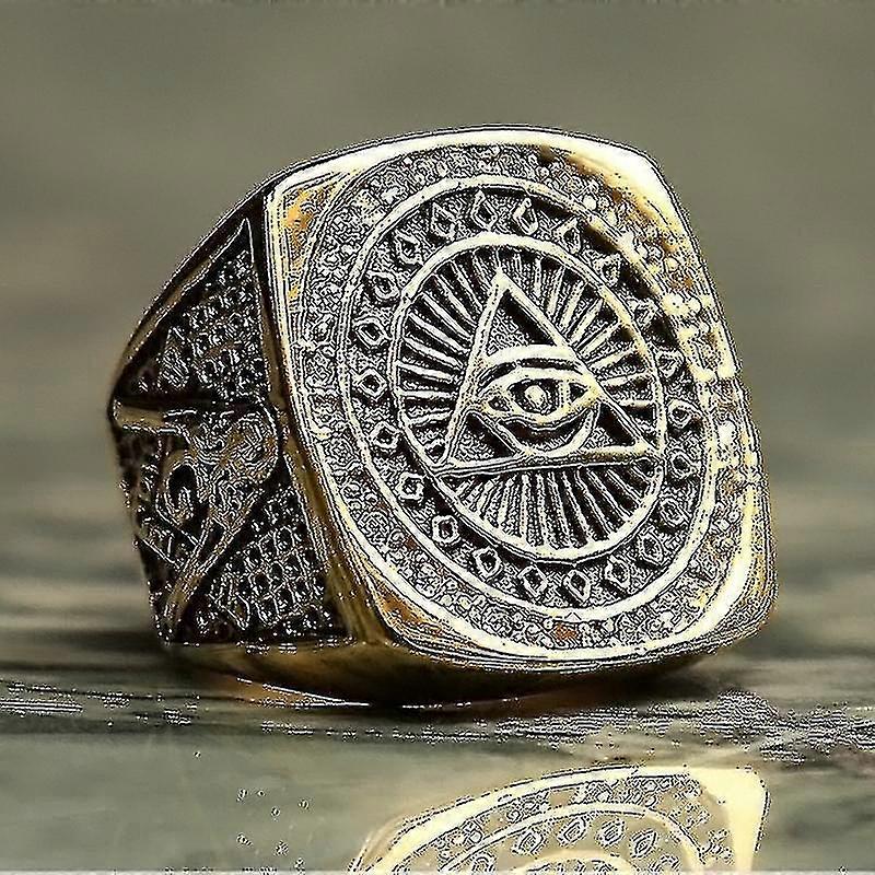 Vintage Heavy Stainless Steel All Seeing Eye Ring For Men Crystal Gold ...